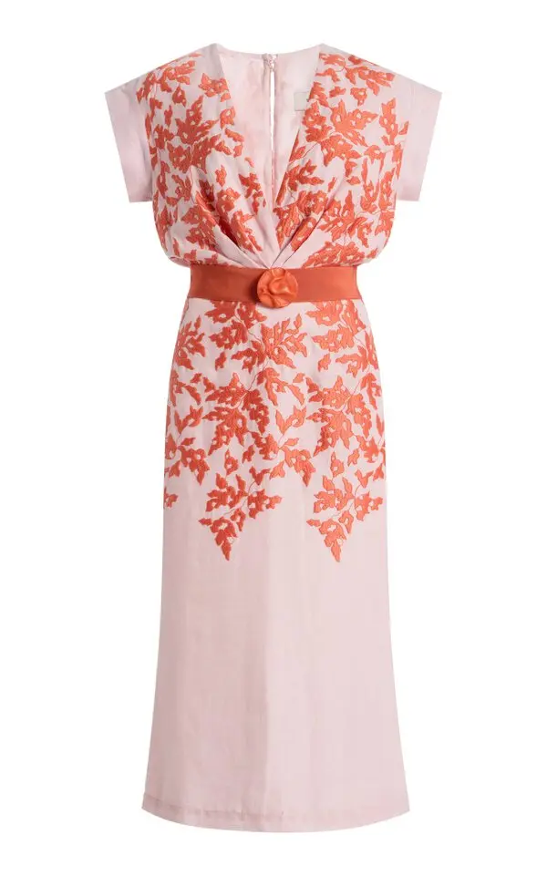 Silvia Tcherassi Olive Embroidered Cotton-linen Midi Dress - Pink