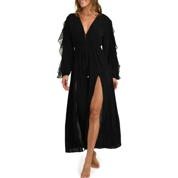 L'Agence Sara Ruffle Long Sleeve Chiffon Maxi Dress - Black