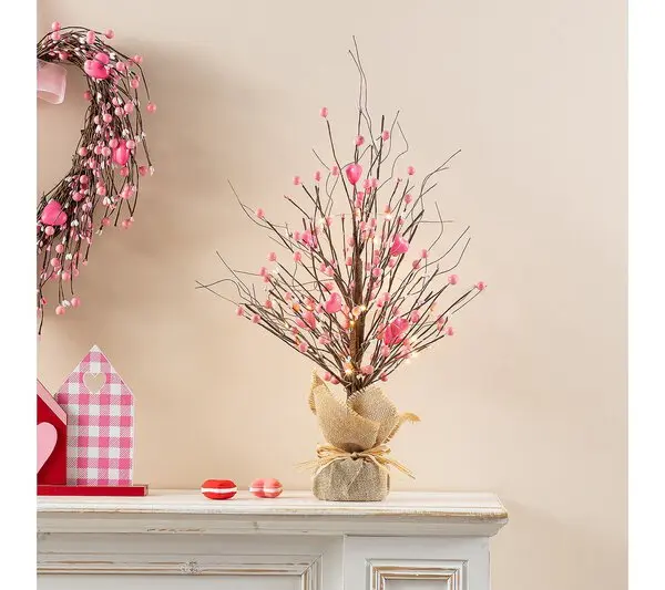 GLITZHOME 20'h Lighted Valentine's Pink Berry H Eart Table Tree - One-color