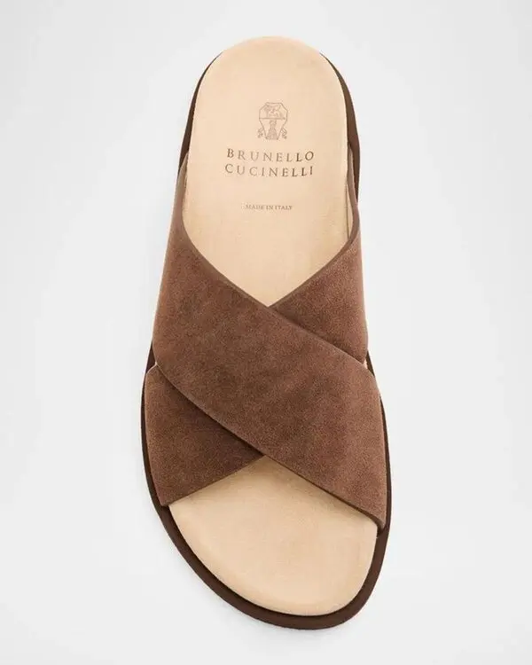 Brunello Cucinelli Cross-strap Suede Slides - Tan