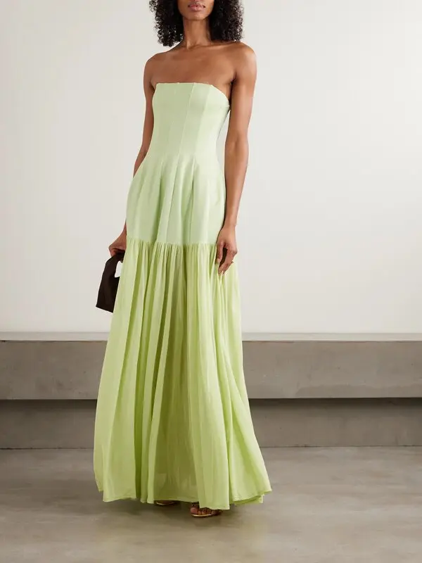 Simkhai Sandrine Strapless Pleated Midi Dress - Green | Editorialist