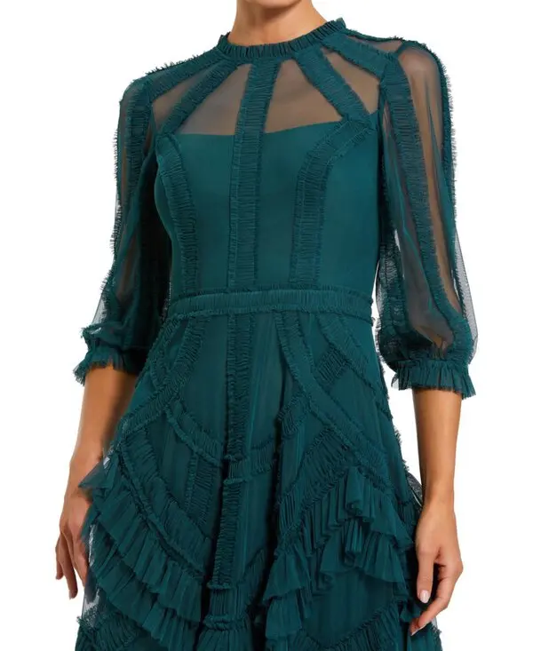 Mac Duggal 3/4 Puff Sleeve Mesh Ruffle Gown