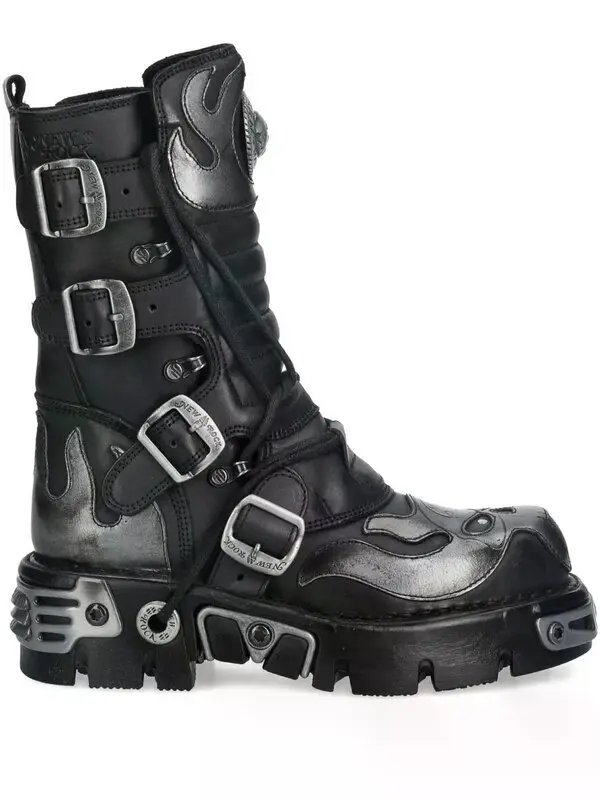 NEW ROCK Leather Buckled Boots