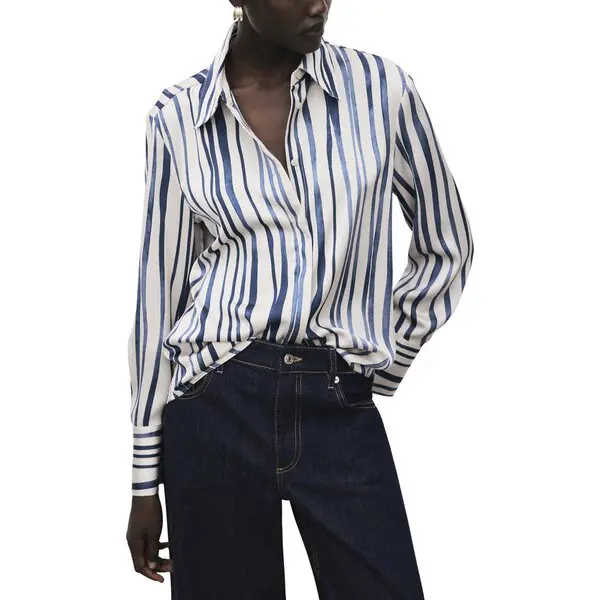 Mango Striped Satin Button-up Shirt - Navy