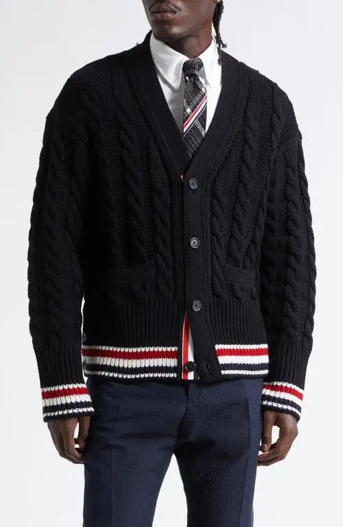 Thom Browne Rwb Cable Knit Wool Cardigan - Black