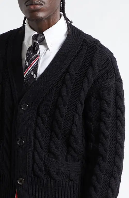 Thom Browne Rwb Cable Knit Wool Cardigan - Black