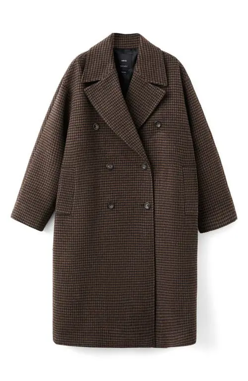Mango Houndstooth Wool Blend Double Breasted Coat