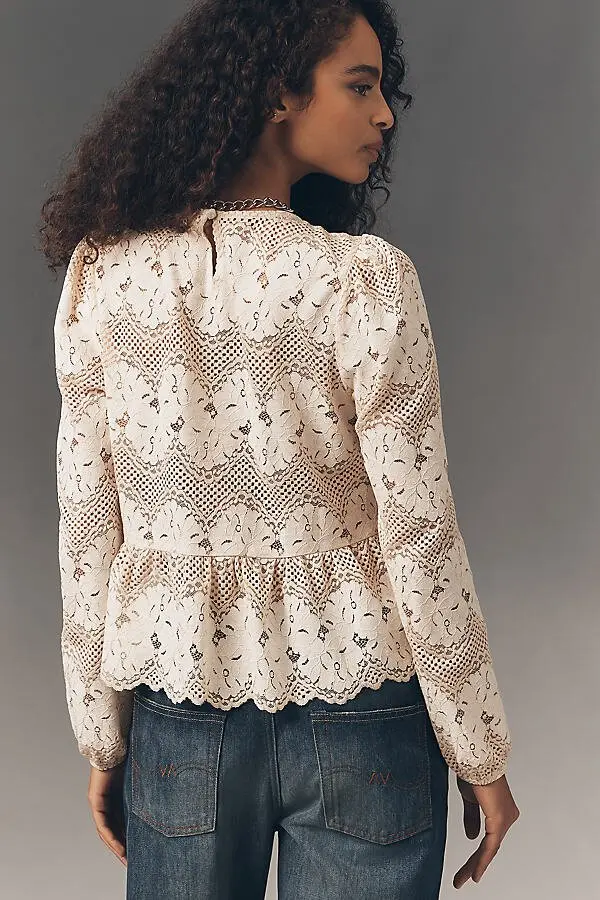 DOLAN LEFT COAST Peplum Lace Blouse - Ivory Pattern
