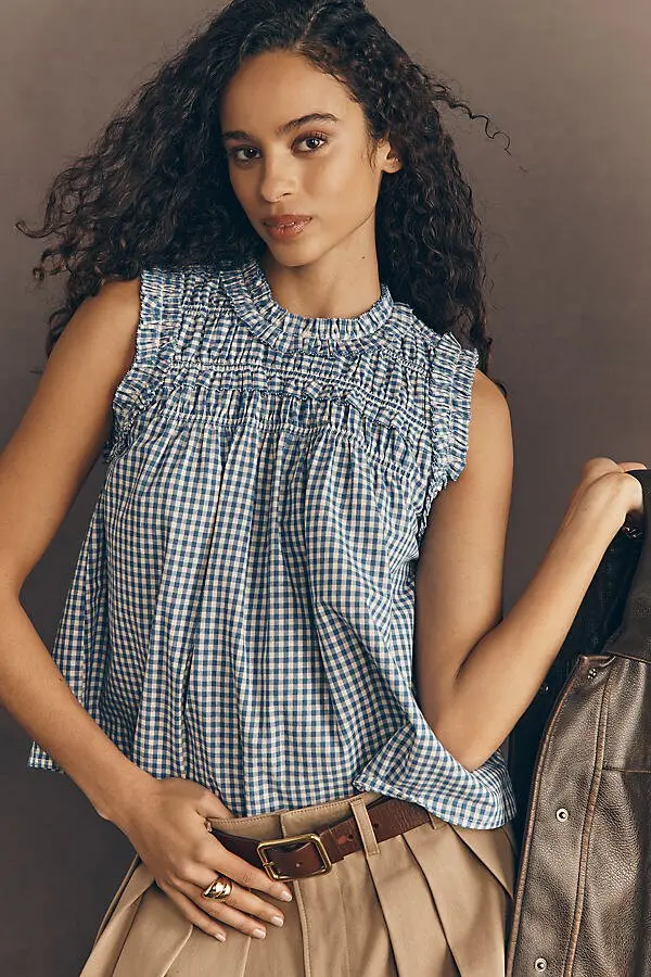 RAISONNEL Gingham Ruffle Sleeveless Swing Top - Blue Pattern