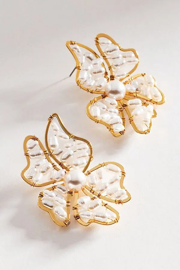 Anthropologie Beaded Floral Post Earrings - Pearl