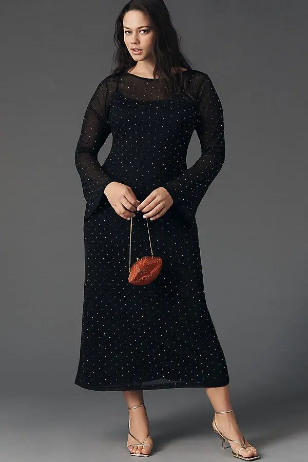NEVER FULLY DRESSED Long-sleeve Mesh Midi Dress