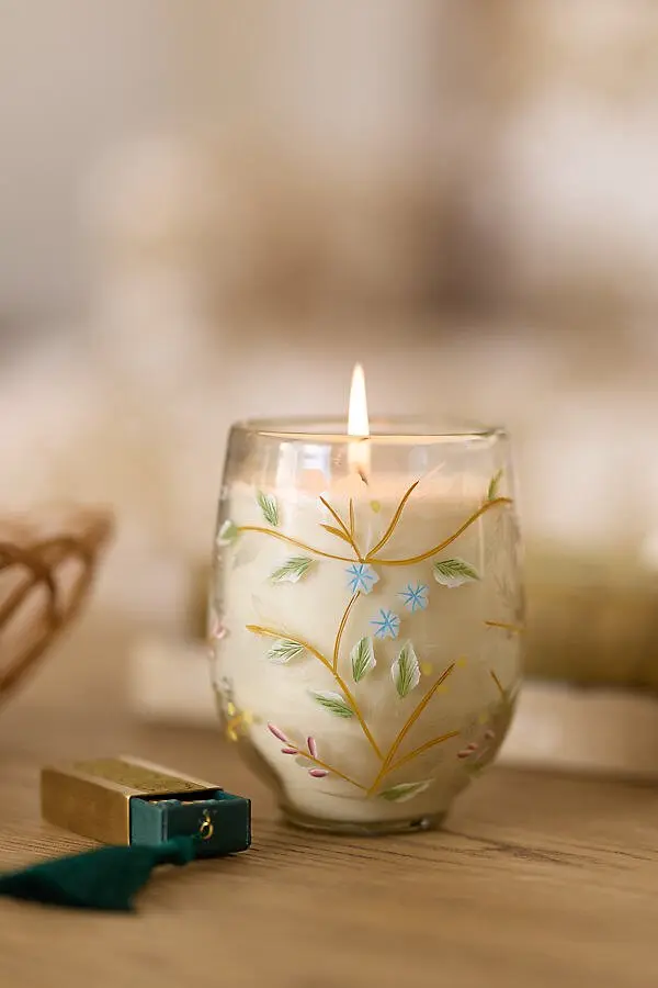 Anthropologie Etched Floral Glass Candle - Golden Petals & Cashmere