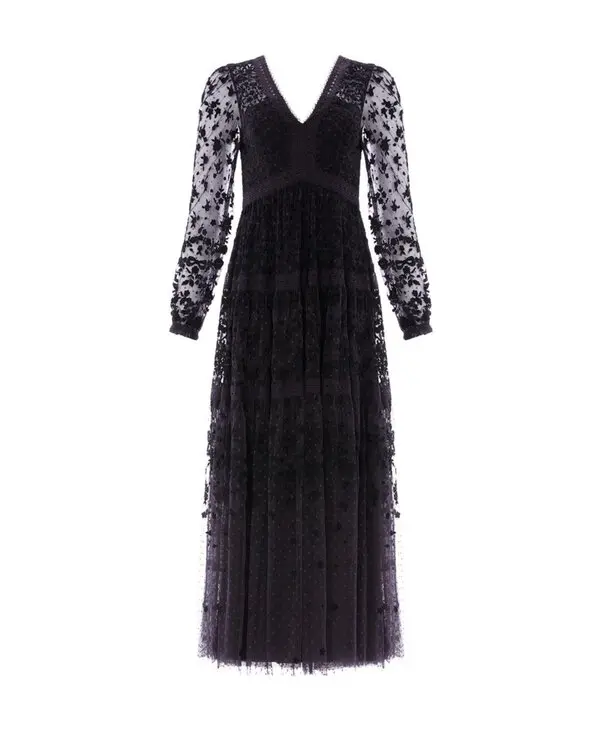 Needle & Thread Celestia Ribbon Long Sleeve Gown - Graphite | Editorialist
