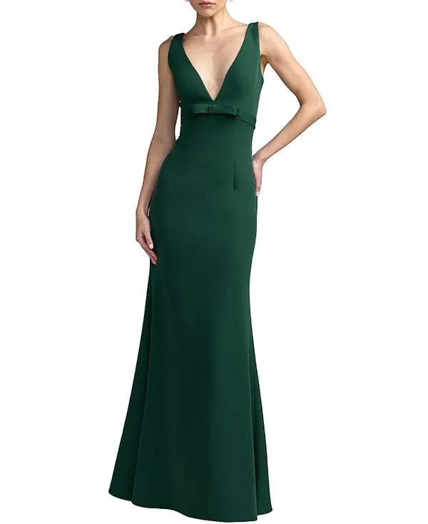Mac Duggal Sleeveless V-neck Mermaid Gown With Bow Accent - Emerald