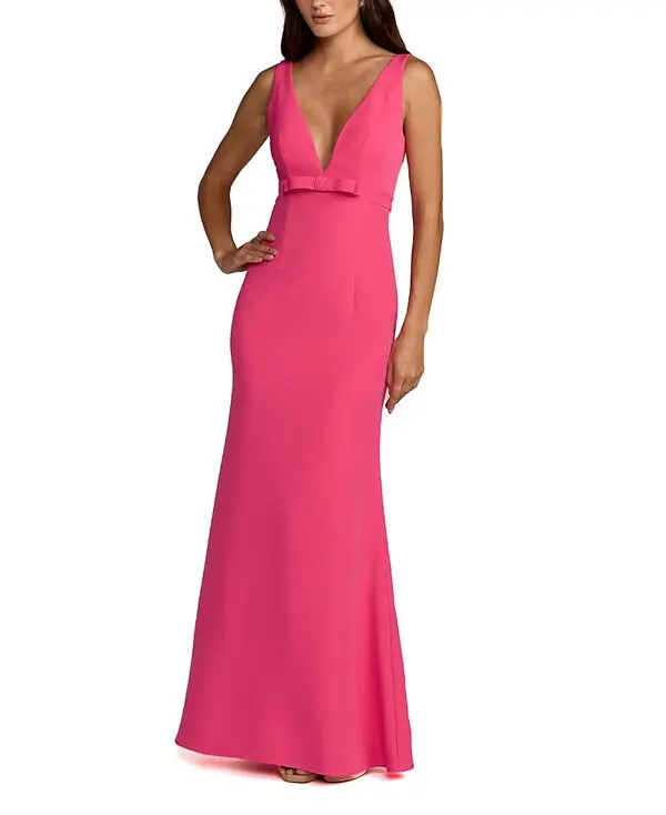 Mac Duggal Crepe Sleeveless V Neck Mermaid Gown With Bow - Hot Pink