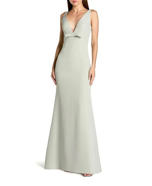Mac Duggal Sleeveless V-neck Mermaid Gown With Bow Accent - Sage