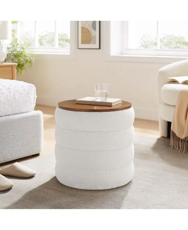 MODWAY Mezzo Round Boucle Fabric Storage Ottoman - Cloud