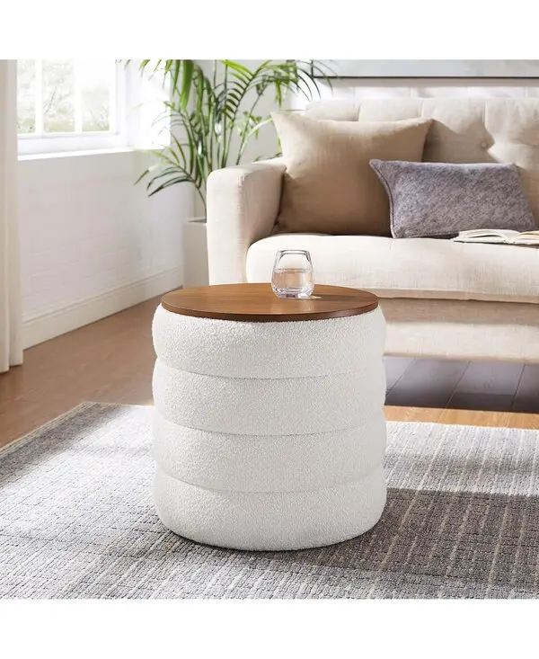 MODWAY Mezzo Round Boucle Fabric Storage Ottoman - Cloud