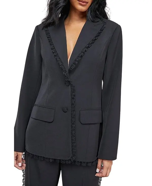WAREHOUSE Oversized Lace Frill Trim Blazer - Black