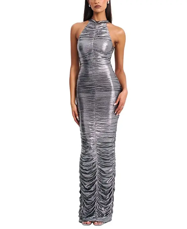 MISS CIRCLE NEW YORK Abril Glitter Backless Gown - Silver
