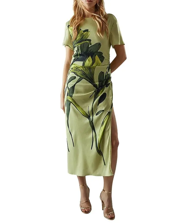 WAREHOUSE Placement Print Crinkle Midi Satin Dress - Lime Yellow