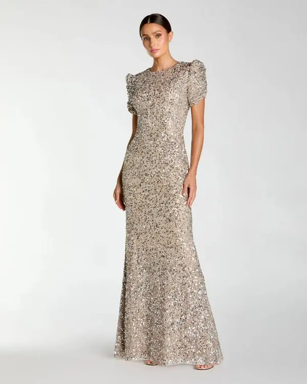 Mac Duggal Embellished Gown With Gathered Short Sleeves - Neutral