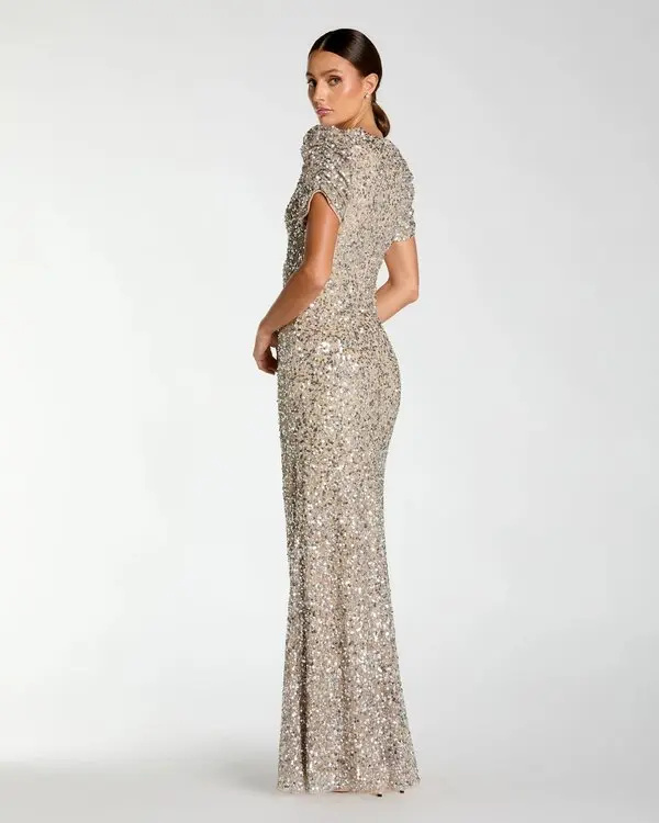 Mac Duggal Embellished Gown With Gathered Short Sleeves - Neutral