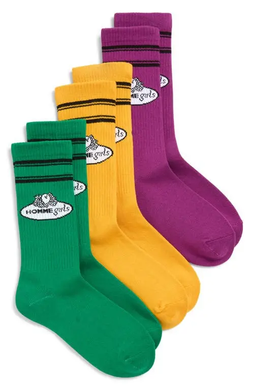 HOMMEGIRLS X Fruit Of The Loom Assorted Crew Socks 3 Pack - Magenta/yellow/green