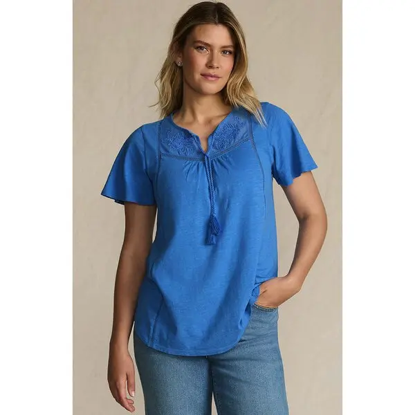 LANDS' END Slub Flutter-sleeve Tunic Top - Muted Cobalt Blue