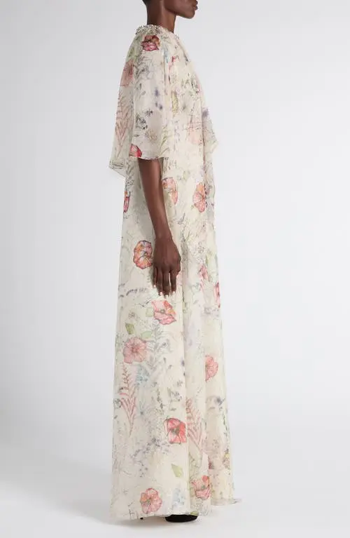 Alexander McQueen Floral Print Silk Cape Dress