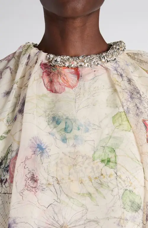 Alexander McQueen Floral Print Silk Cape Dress