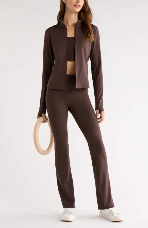 Zella Thrive Rib Knit Zip Front Sweatshirt - Brown Mole