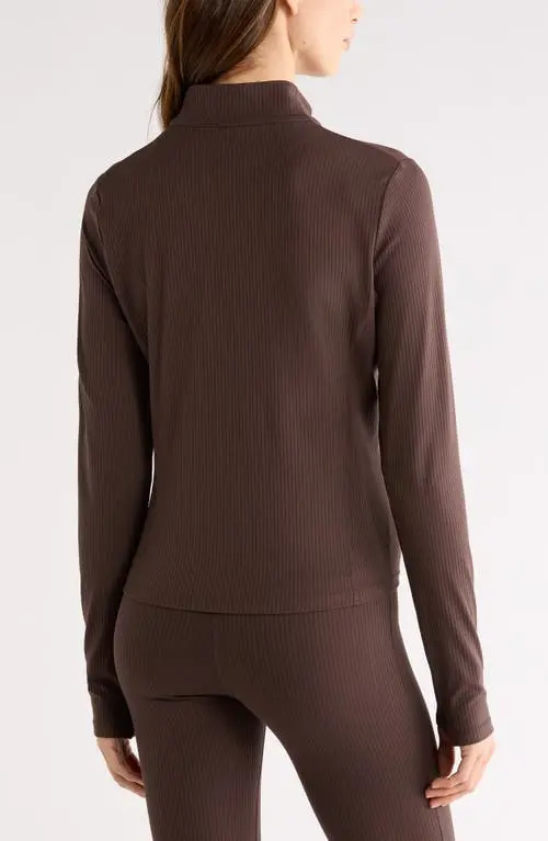 Zella Thrive Rib Knit Zip Front Sweatshirt - Brown Mole