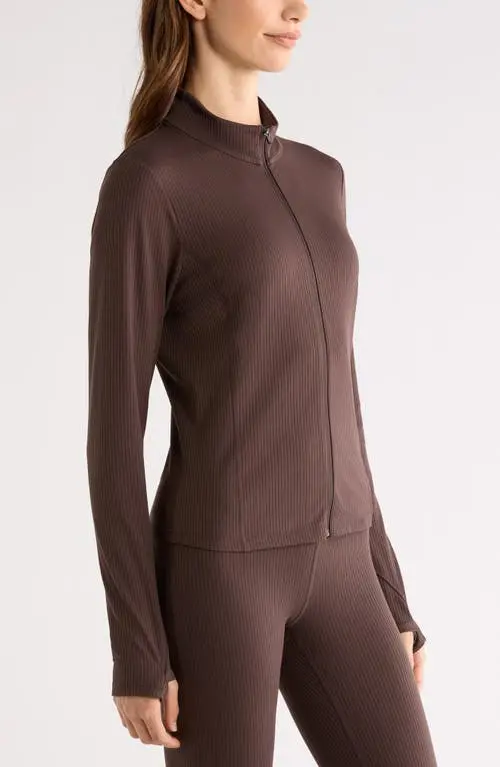 Zella Thrive Rib Knit Zip Front Sweatshirt - Brown Mole