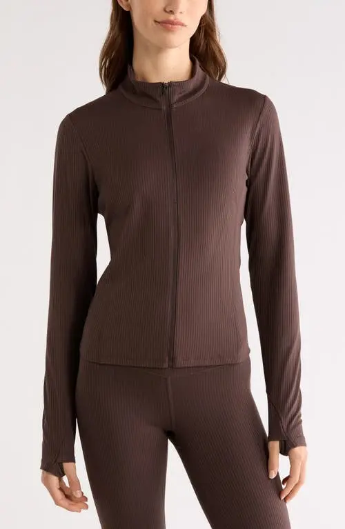 Zella Thrive Rib Knit Zip Front Sweatshirt - Brown Mole