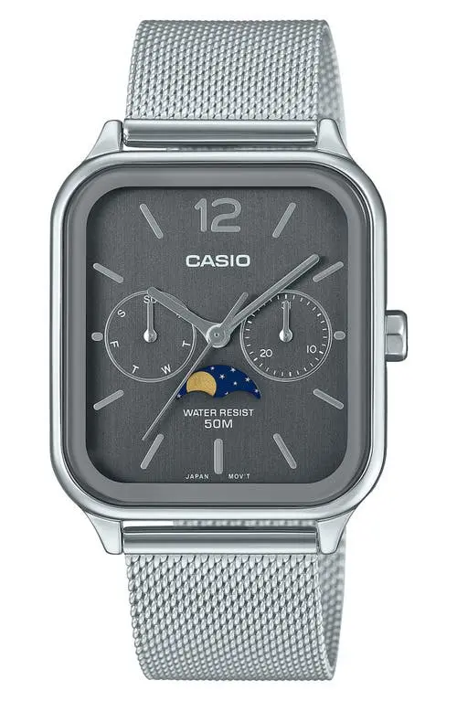 Casio Moonphase Mesh Strap Watch - Silver