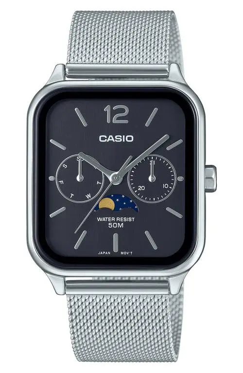 Casio Moonphase Mesh Strap Watch - Silver/black