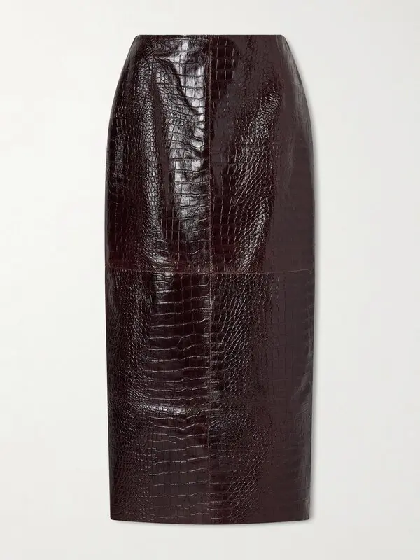 Nour Hammour Paneled Croc-effect Leather Midi Skirt