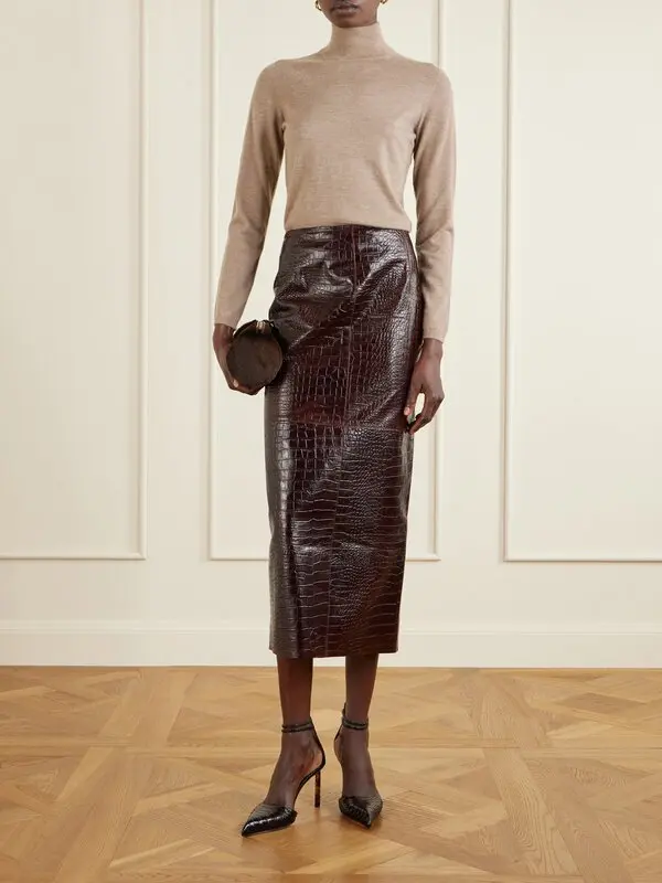 Nour Hammour Paneled Croc-effect Leather Midi Skirt