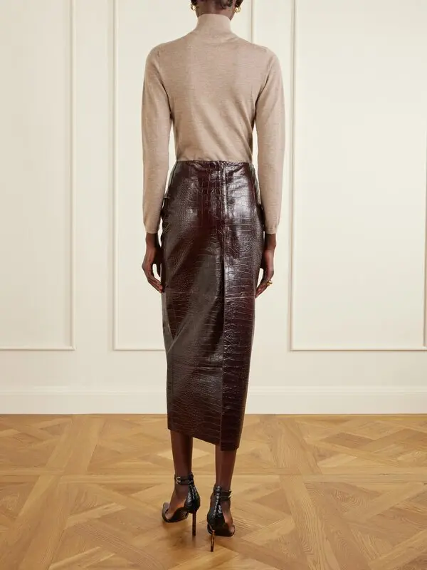Nour Hammour Paneled Croc-effect Leather Midi Skirt