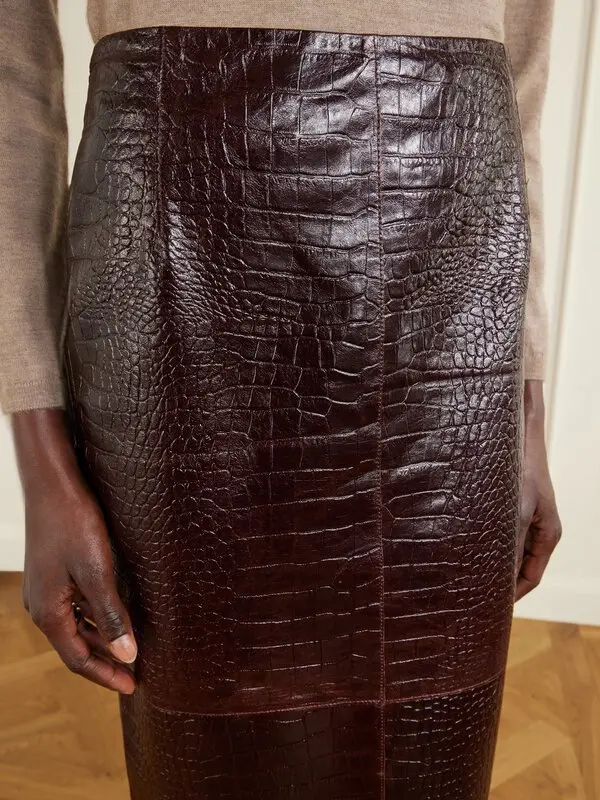 Nour Hammour Paneled Croc-effect Leather Midi Skirt