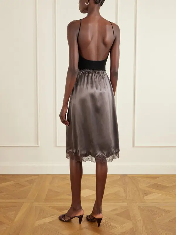 Magda Butrym Lace-trimmed Silk-satin Midi Skirt - Brown