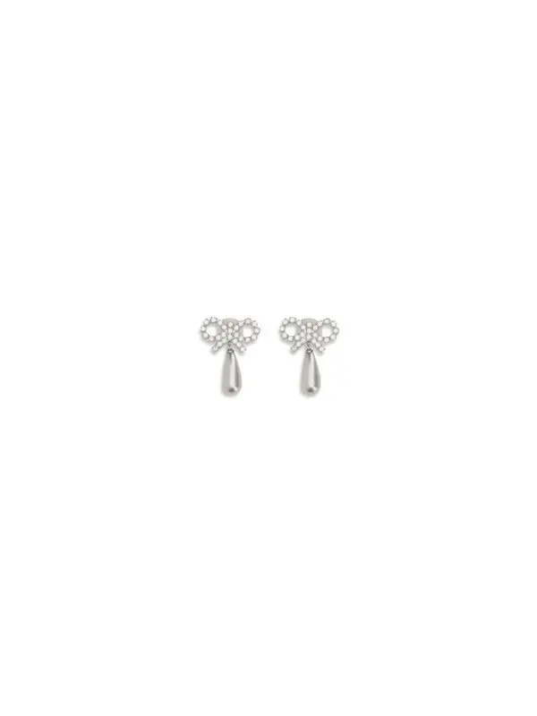 SELF-PORTRAIT Crystal Bow Pearl Drop Earrings - Silver