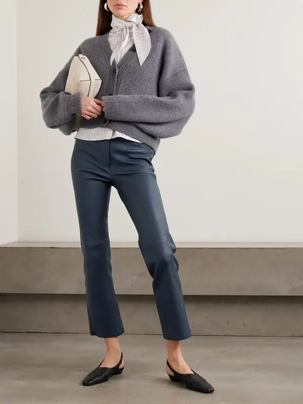 JOSEPH Duke Cropped Leather Flared Pants - Blue