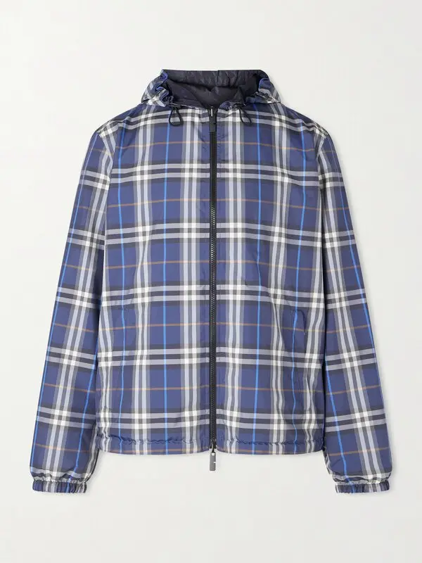 Burberry Hooded Checked Shell Jacket - Blue