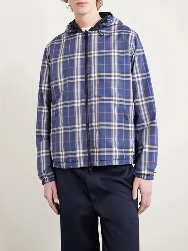 Burberry Hooded Checked Shell Jacket - Blue