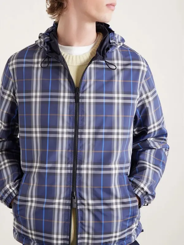 Burberry Hooded Checked Shell Jacket - Blue