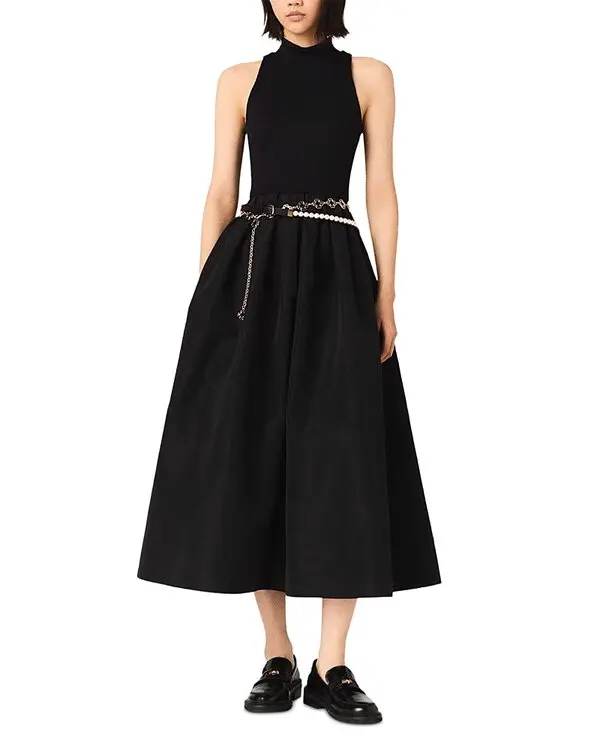 Maje Mixed Media Taffeta Midi Dress