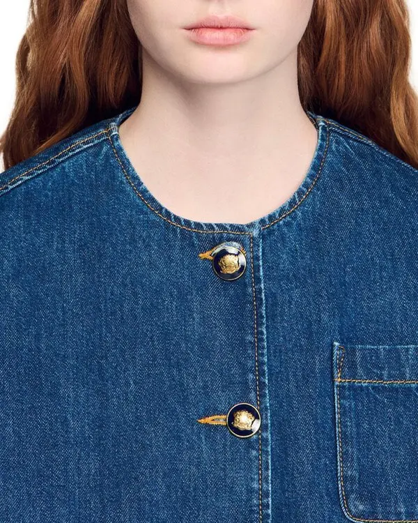 Sandro Collarless Denim Jacket - Deep Blue