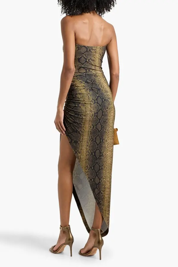 Norma Kamali Strapless Asymmetric Snake-print Gown